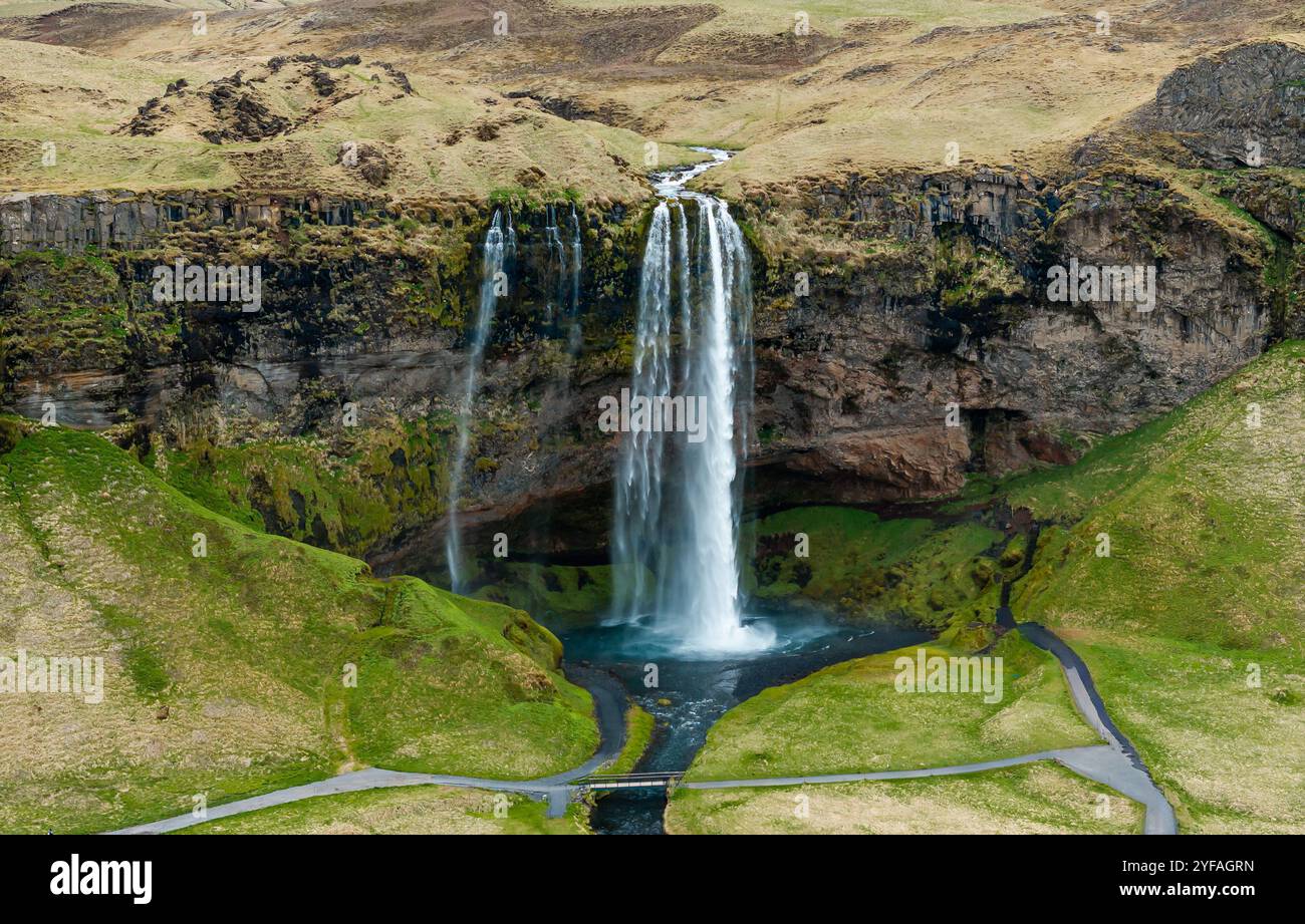 Aerial view of Seljalandsfoss waterfall in Iceland, cascading over ...