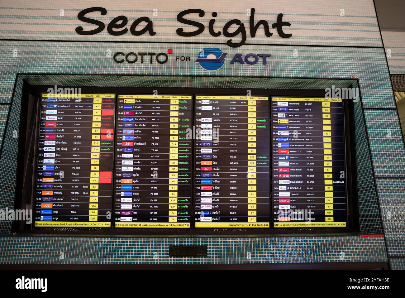 BANGKOK, THAILAND - DECEMBER 14, 2023: digital flight information ...