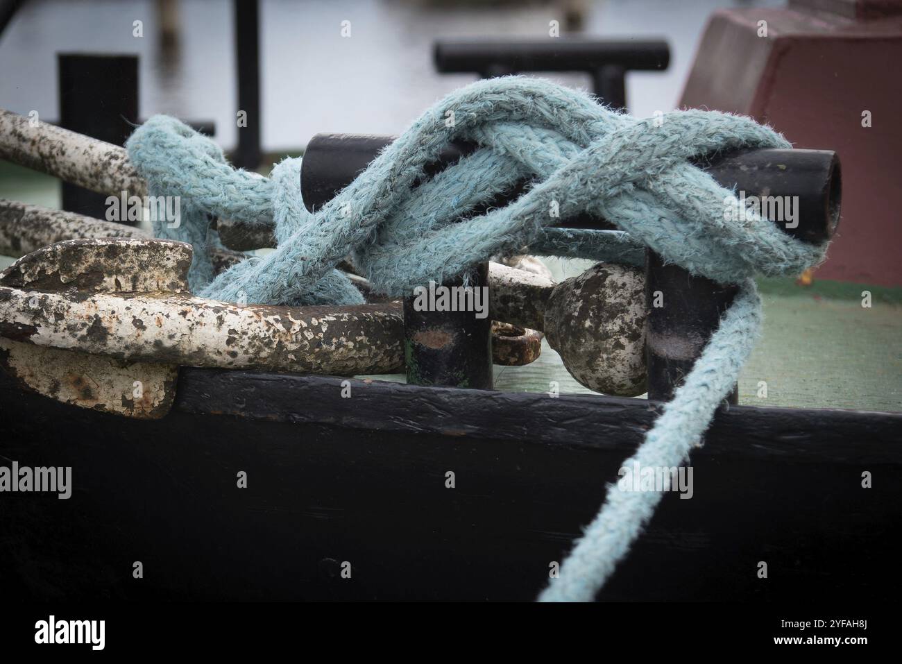 Twisted ship mooring strong rope for securing fishing boats tied on a ...