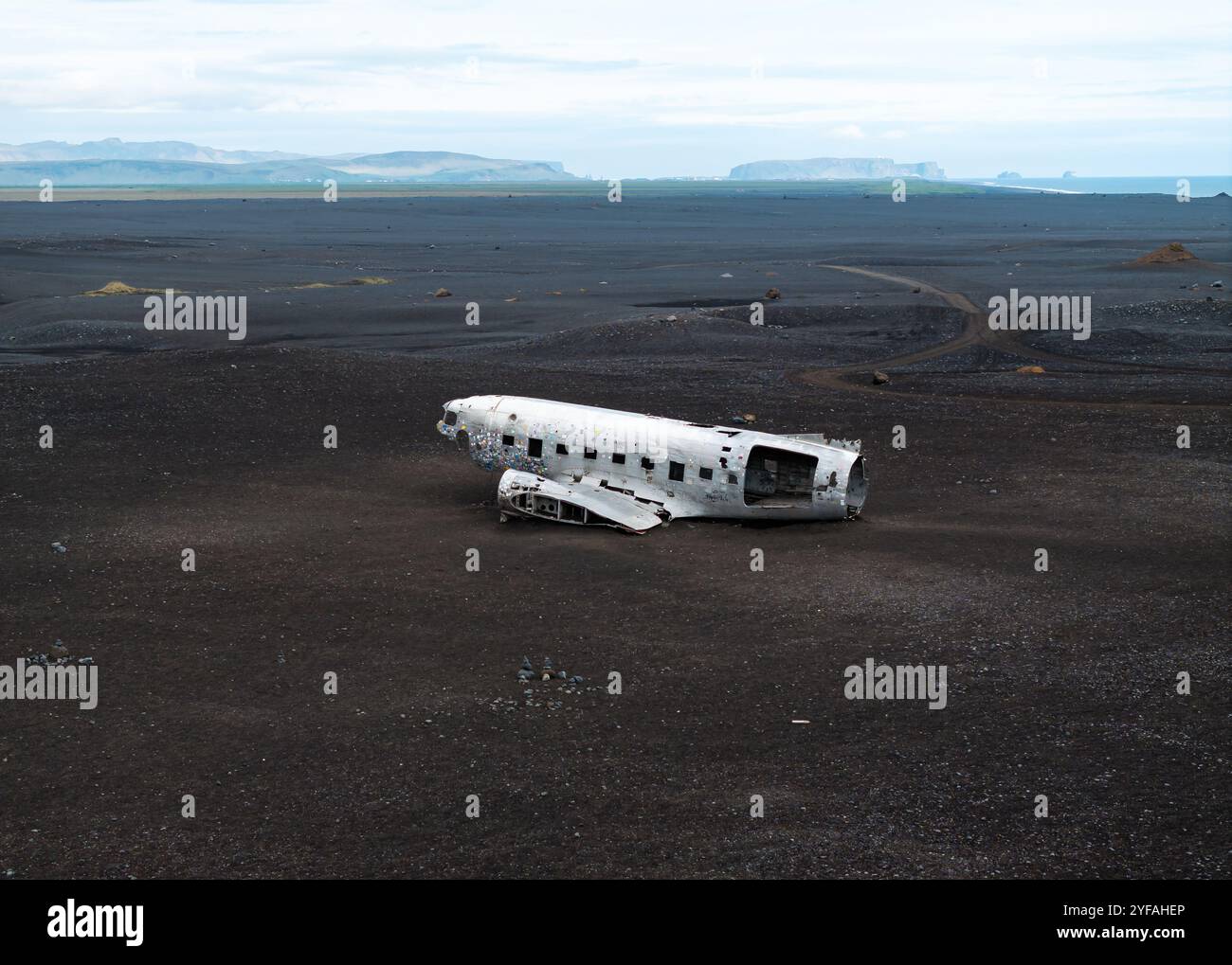 Aerial view of Abandoned DC-3 plane wreck on Solheimasandur black sand ...