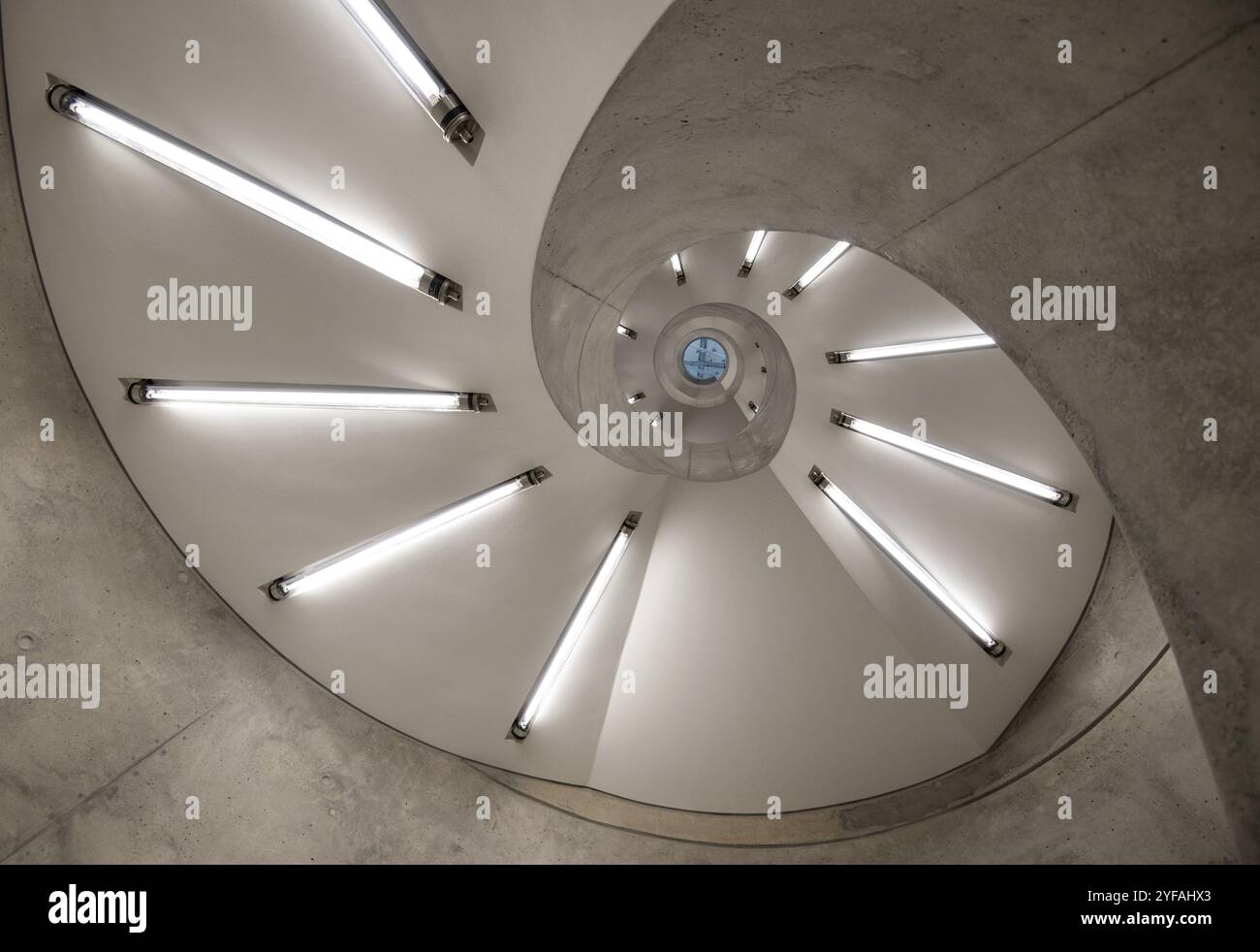 Bright ligths illuminating empty interior spiral modern concrete stair ...