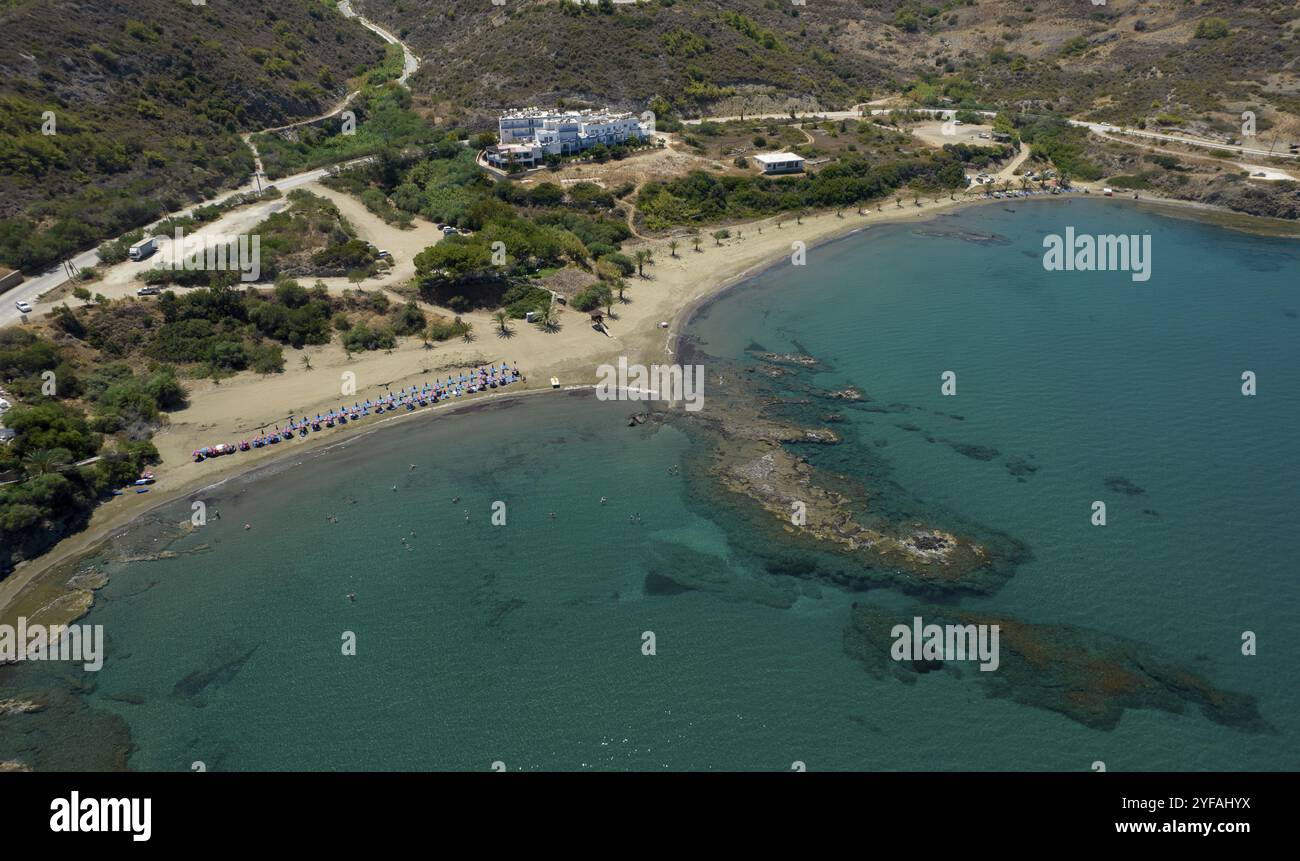Drone aerial scenery of a sandy bay tropical beach for swimming. Summer ...