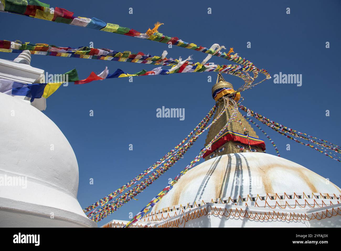 Boudha Stupa, at Kathmandu city in Nepal against blue sky, with ...