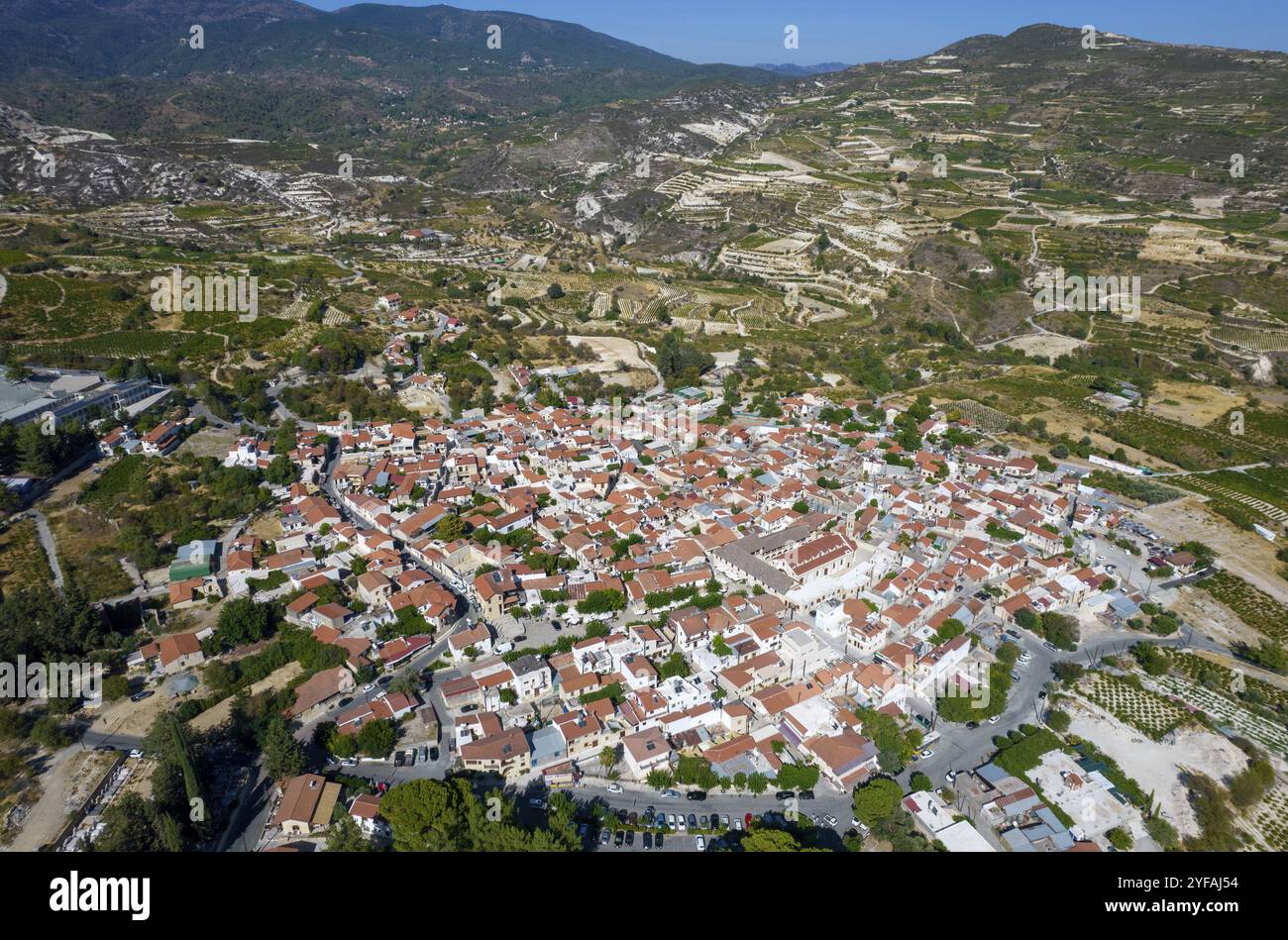 Aerial drone scenery of mountain village of omodos. Larnaca district ...