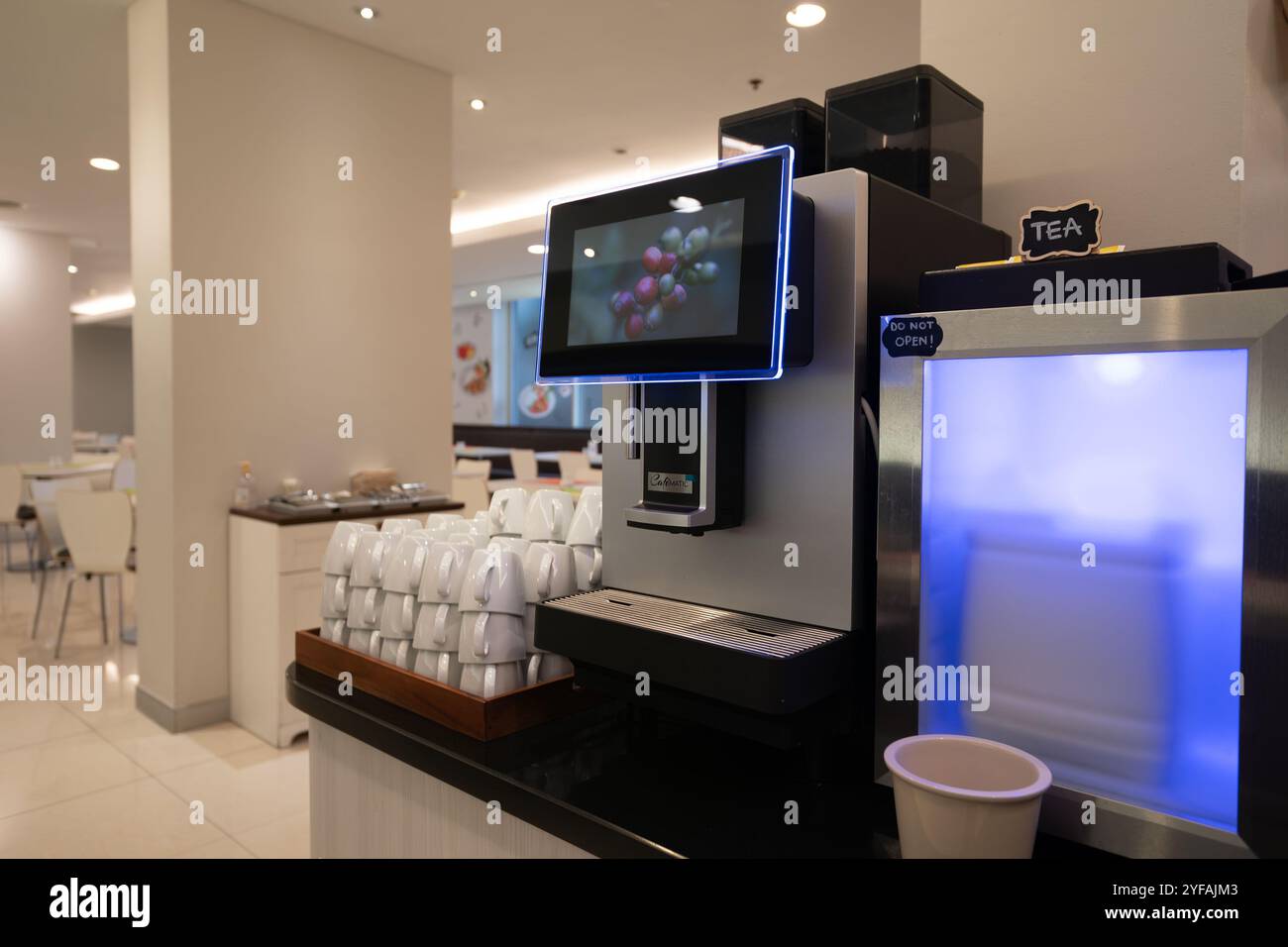 BANGKOK, THAILAND - OCTOBER 14, 2023: close up shot of coffee machine ...