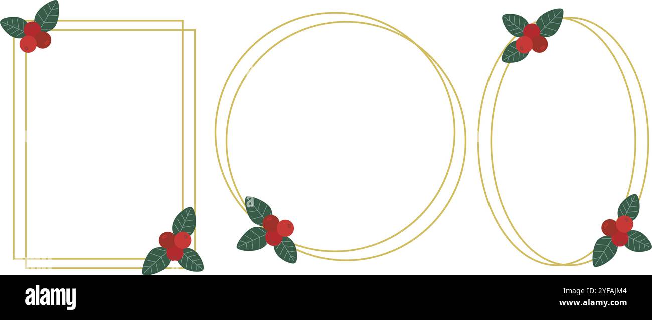 Golden frames with holly and berries set. Festive frames of rectangular ...