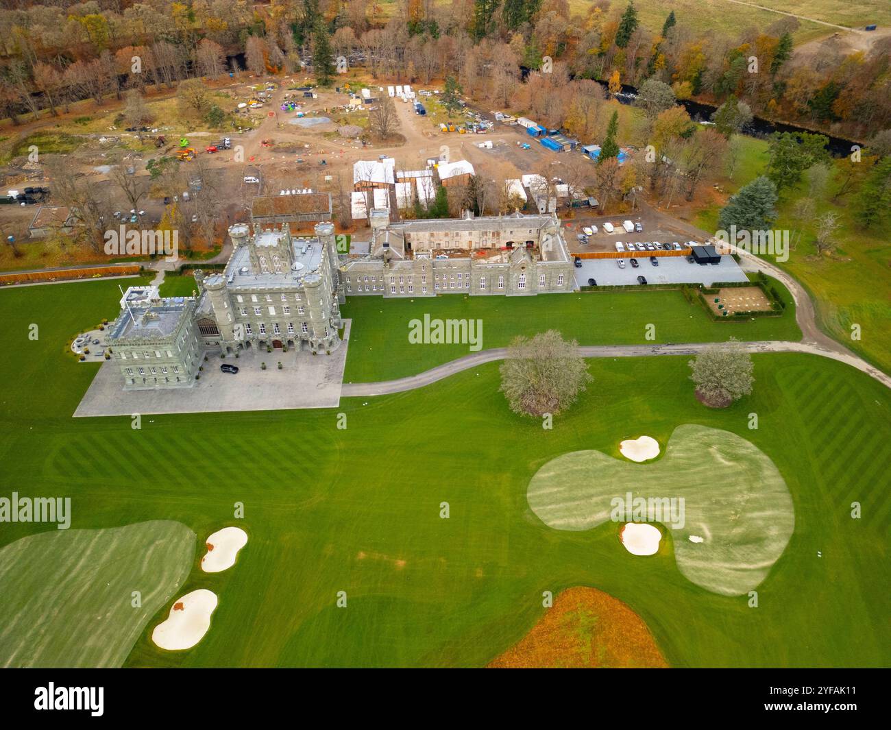 Aerial view of Taymouth Castle and golf course in Kenmore closed during ...