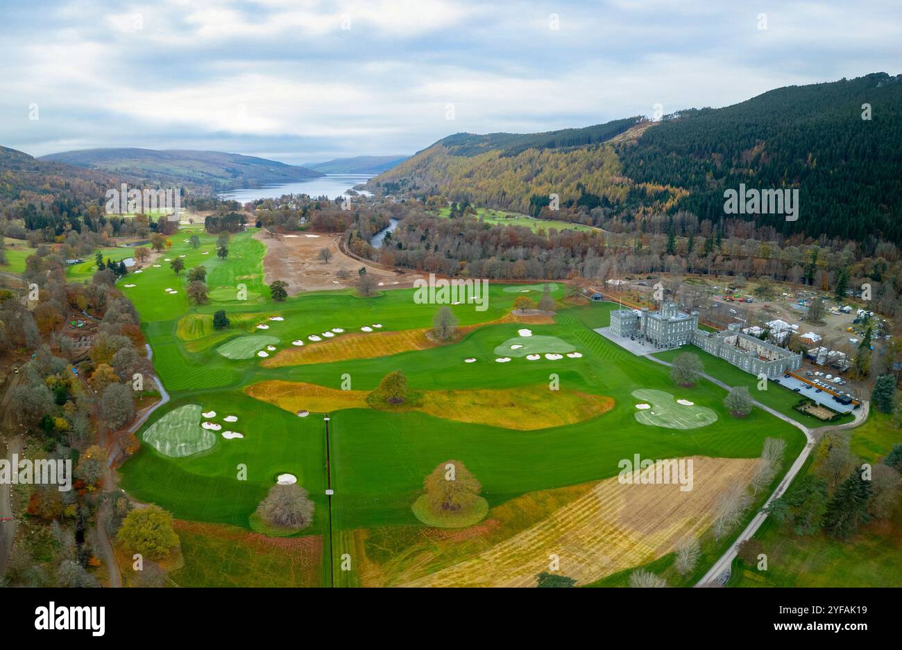 Aerial view of Taymouth Castle and golf course in Kenmore closed during ...