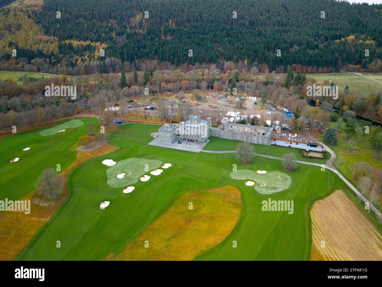 Aerial view of Taymouth Castle and golf course in Kenmore closed during ...