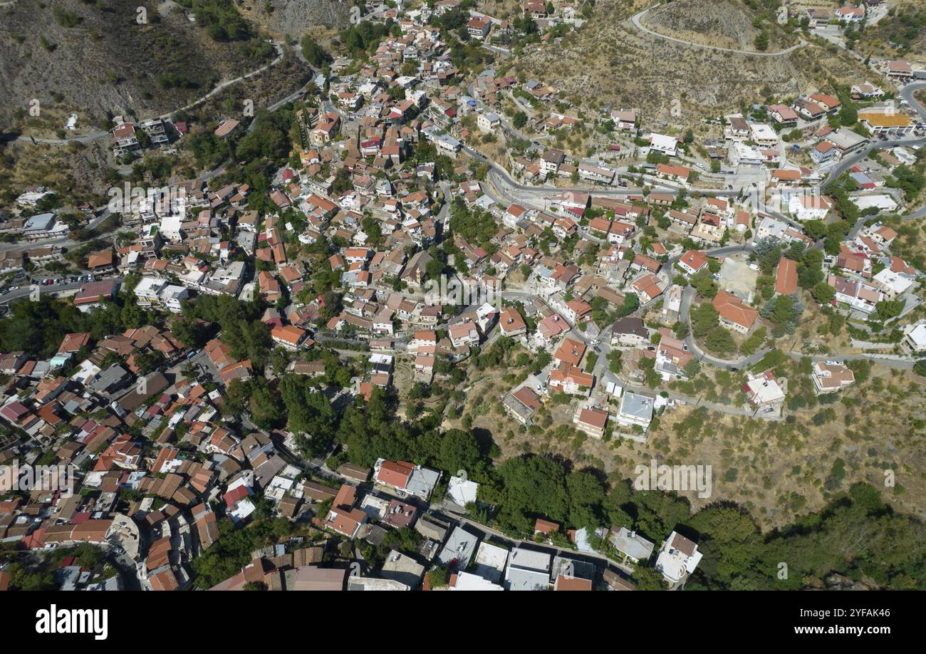 Aerial drone photograph of the mountain village of Palaichori. Nicosia ...