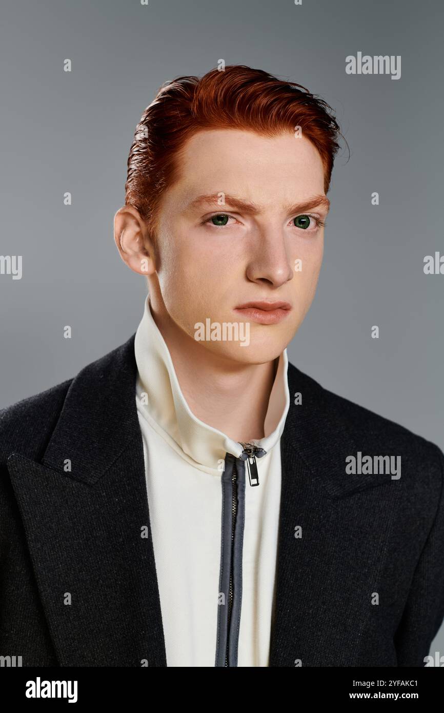 A stylish young man with vibrant red hair showcases winter fashion ...