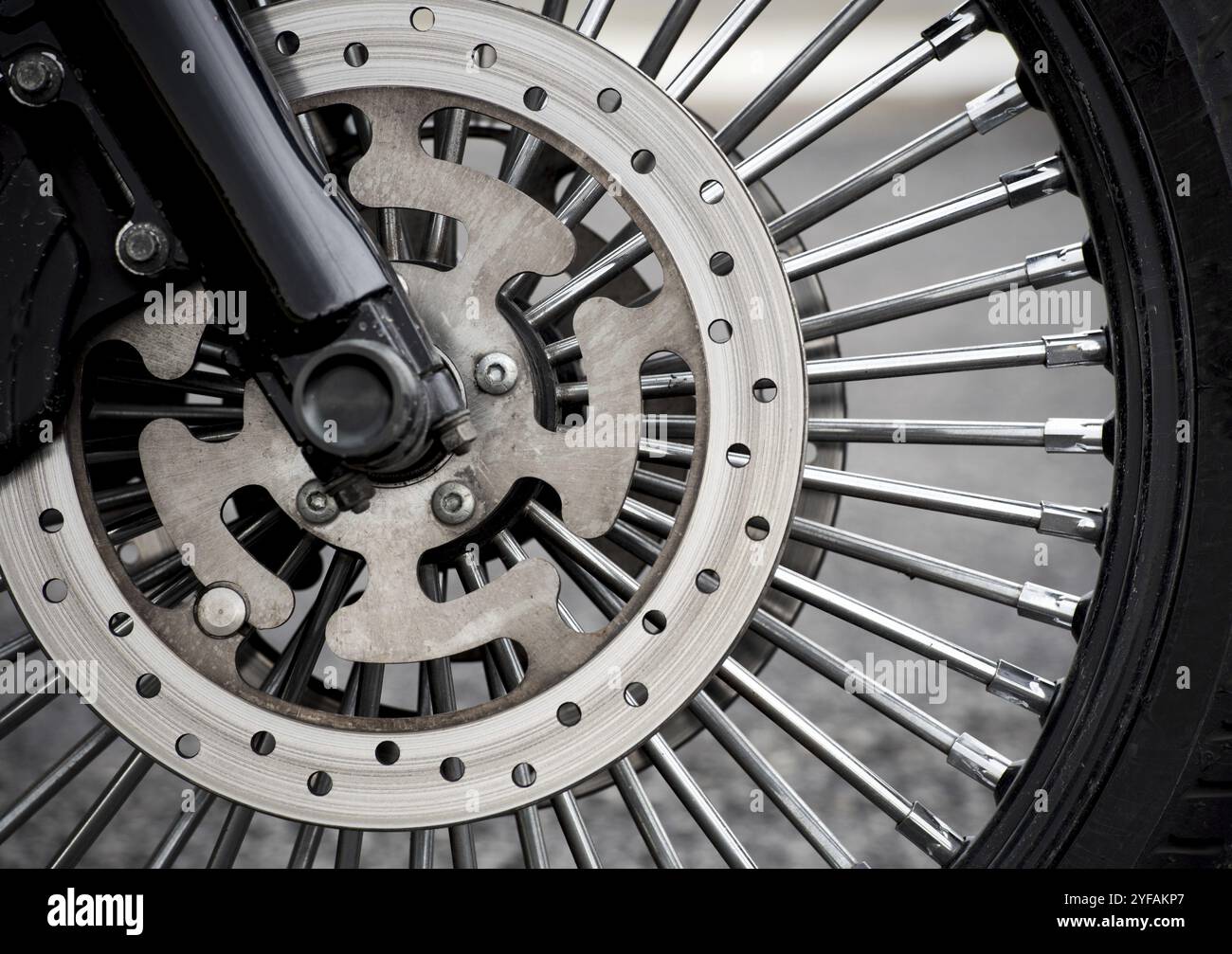 Motorbike front wheel close-up, outdoor on street. bike riding. Close ...