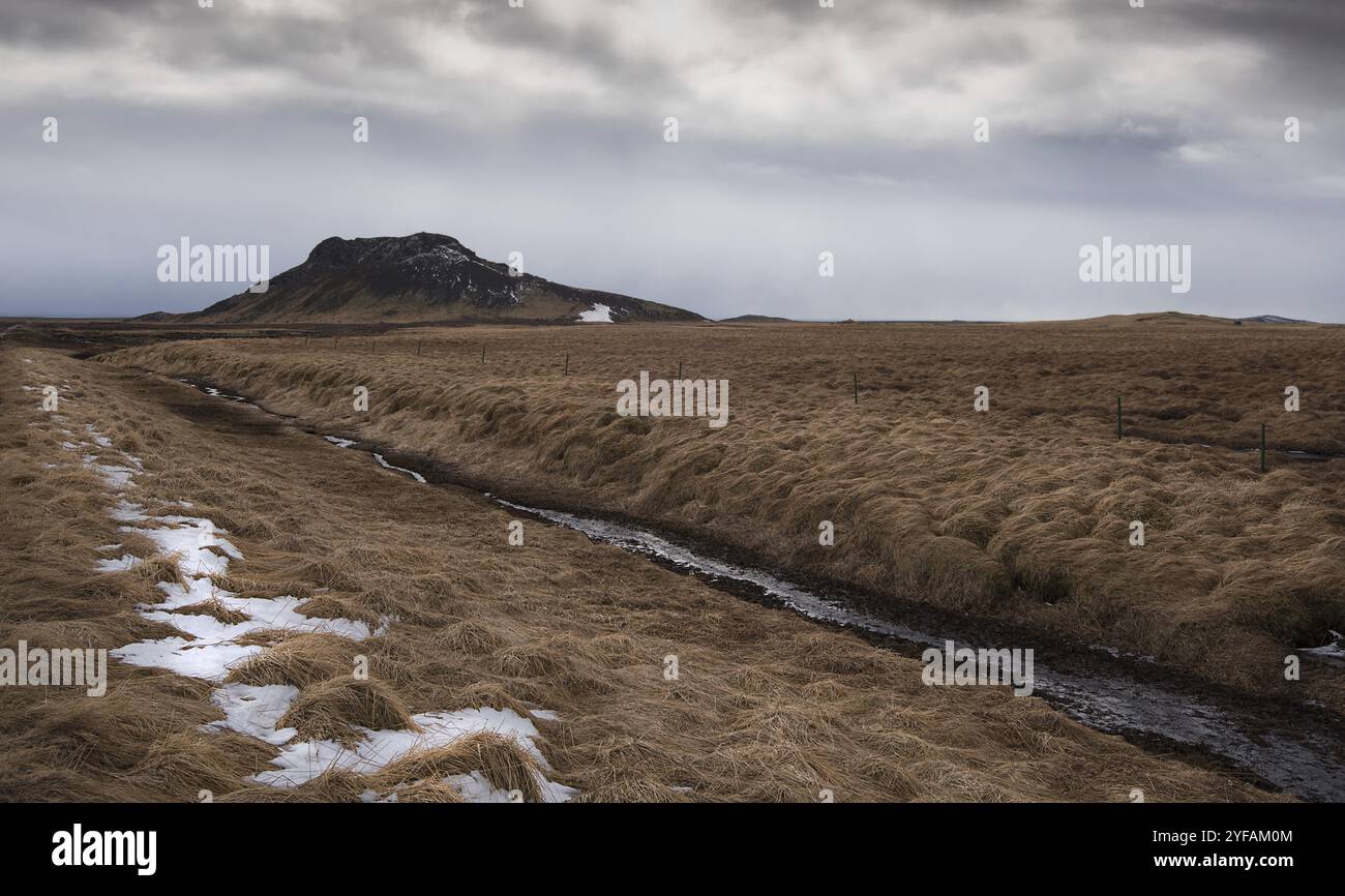 Typical Icelandic landscape with fieds and mountain at Reykjanes ...