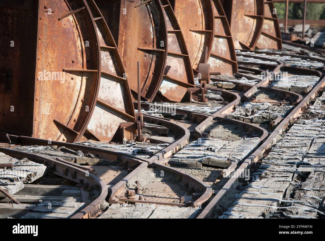 Details of rusty metallic transportation rail trail platform of an ...