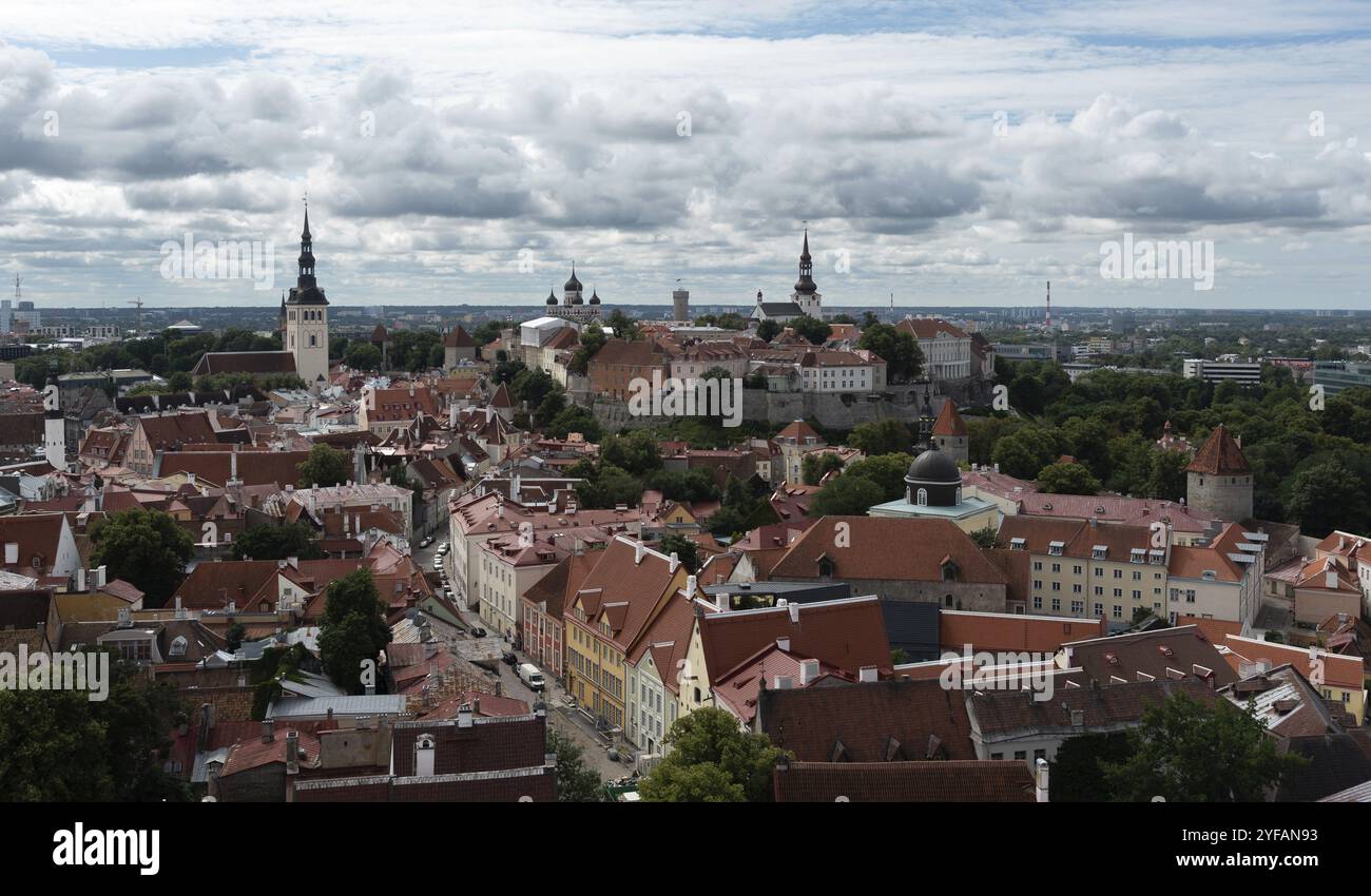 Tallinn Estonia cityscape. View from tower of Saint Olaf Church of old ...