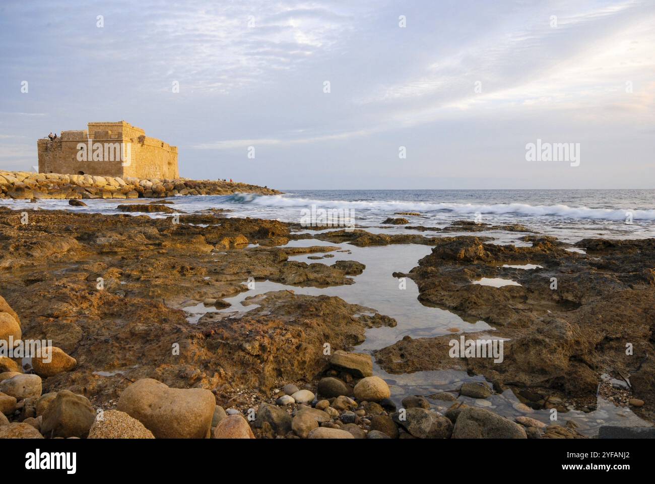Paphos castle at down. Coastal ancient historic castle landmark at ...
