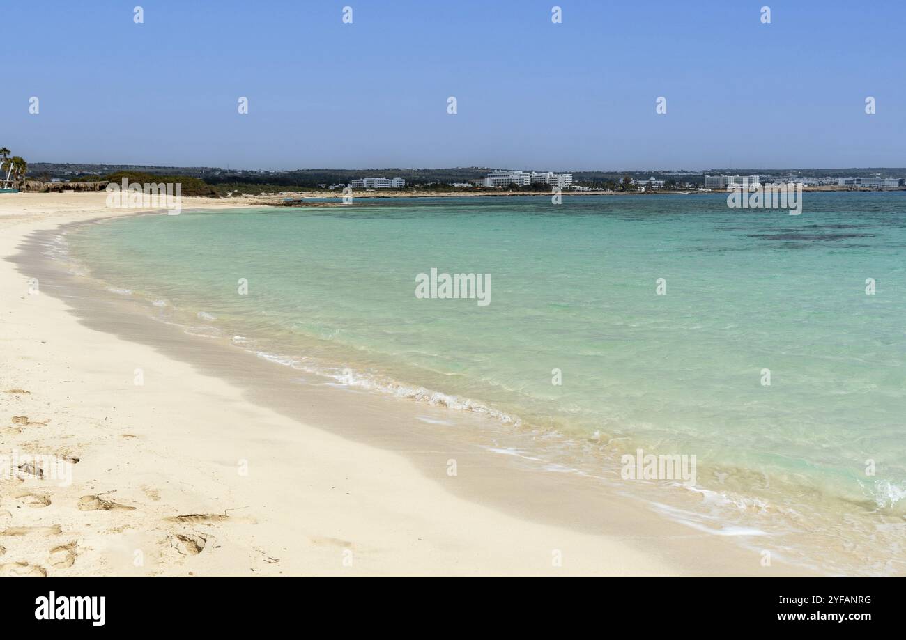 Empty sandy tropical exotic beach with with golden sand. Nissi beach ...