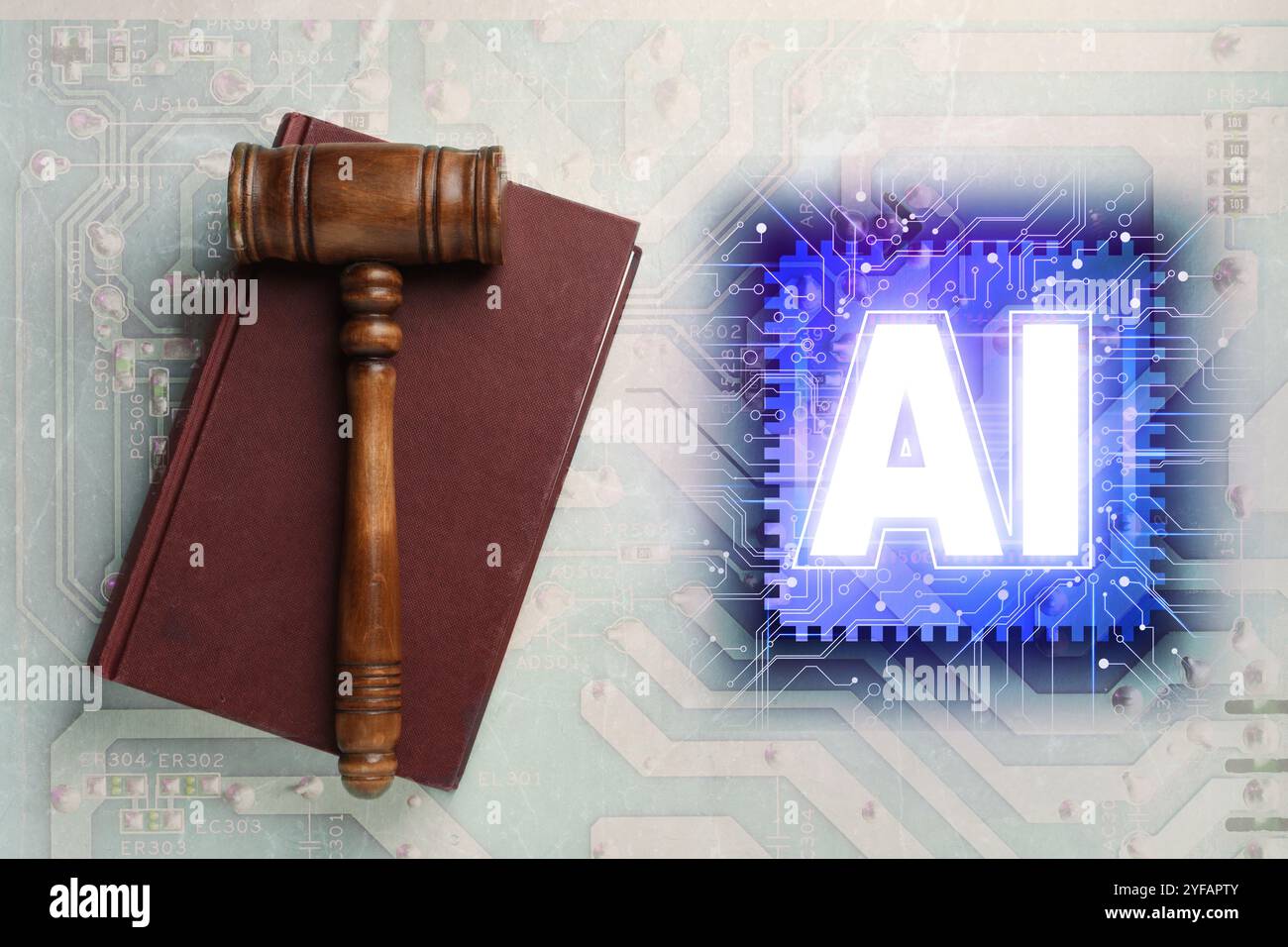 Artificial intelligence and law. Wooden gavel on book and AI ...