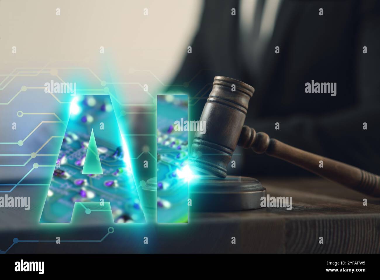 Artificial intelligence and law. AI abbreviation and wooden gavel. Judge working at table ...