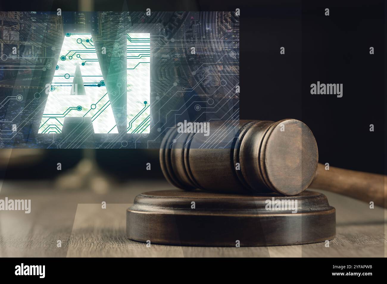 Artificial intelligence and law. Judge's gavel on table and AI ...