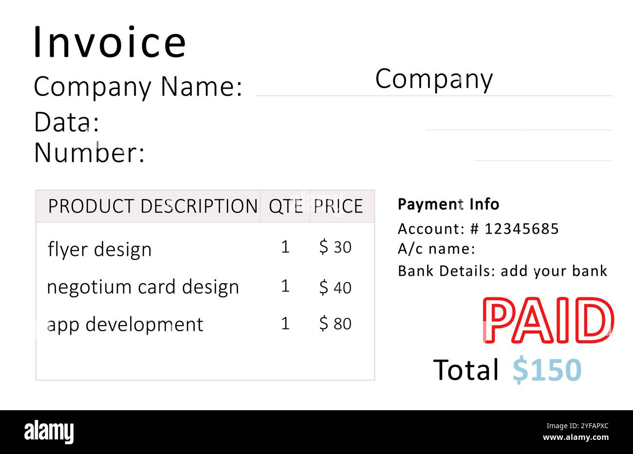 Bill with information and red stamp Paid Stock Photo - Alamy