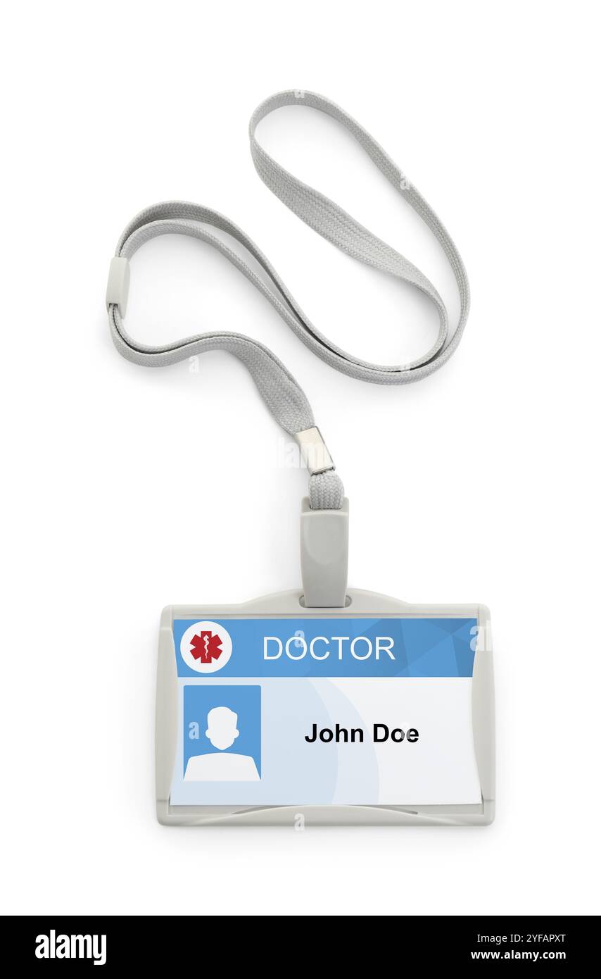 Doctor's badge with string on white background Stock Photo - Alamy