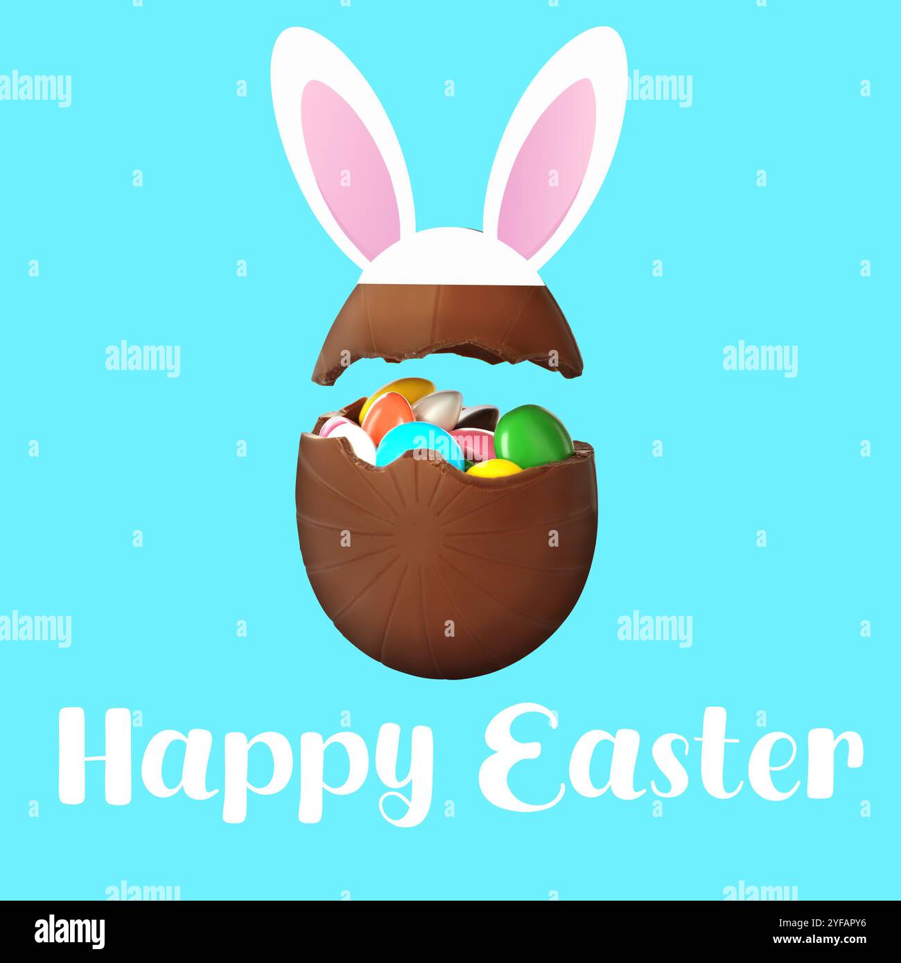 Happy Easter. Chocolate egg with bunny ears on light blue background ...