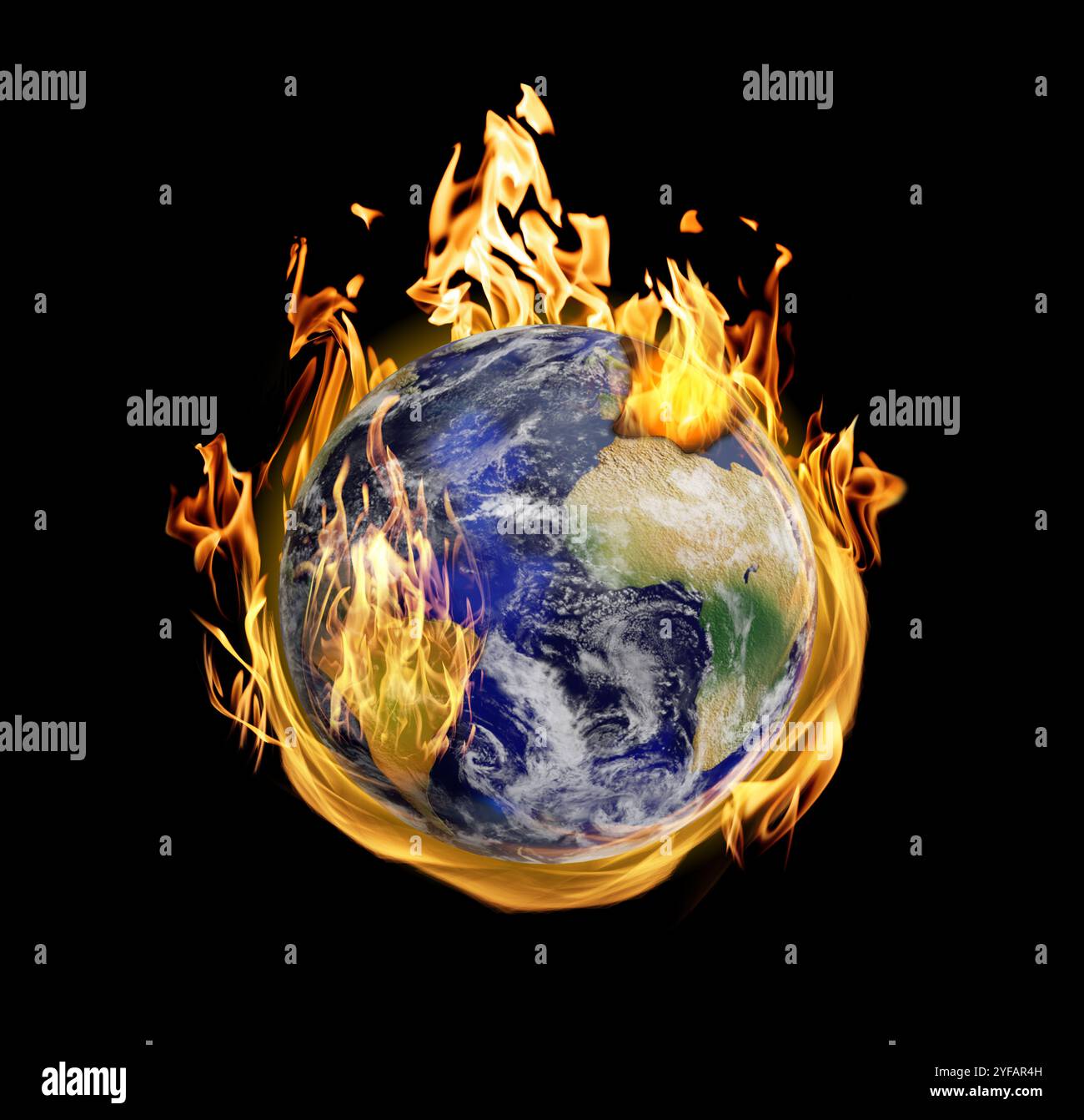 Planet Earth on fire against black background. Conceptual image for ...
