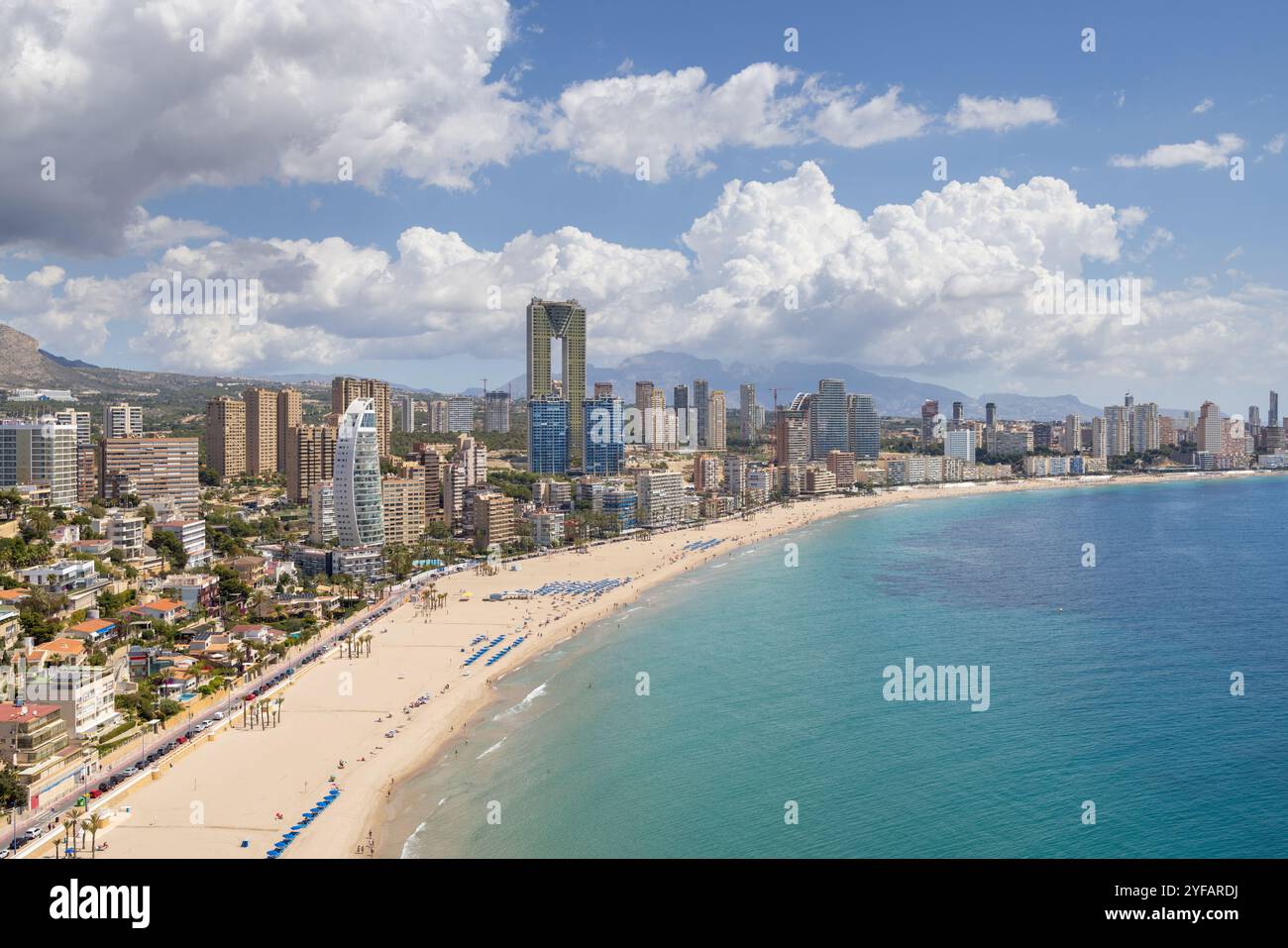 Aerial drone photo of the beautiful town of Benidorm in Spain showing ...