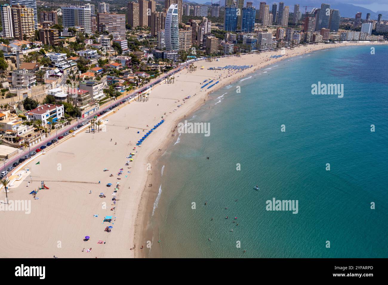 Aerial drone photo of the beautiful town of Benidorm in Spain showing ...