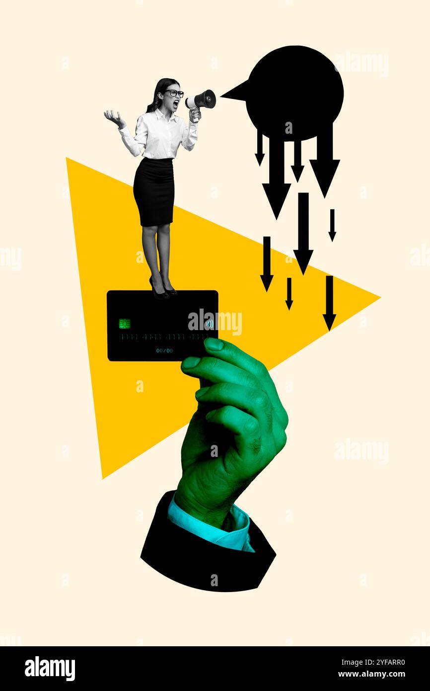 Vertical photo collage of angry businesswoman scream megaphone credit ...