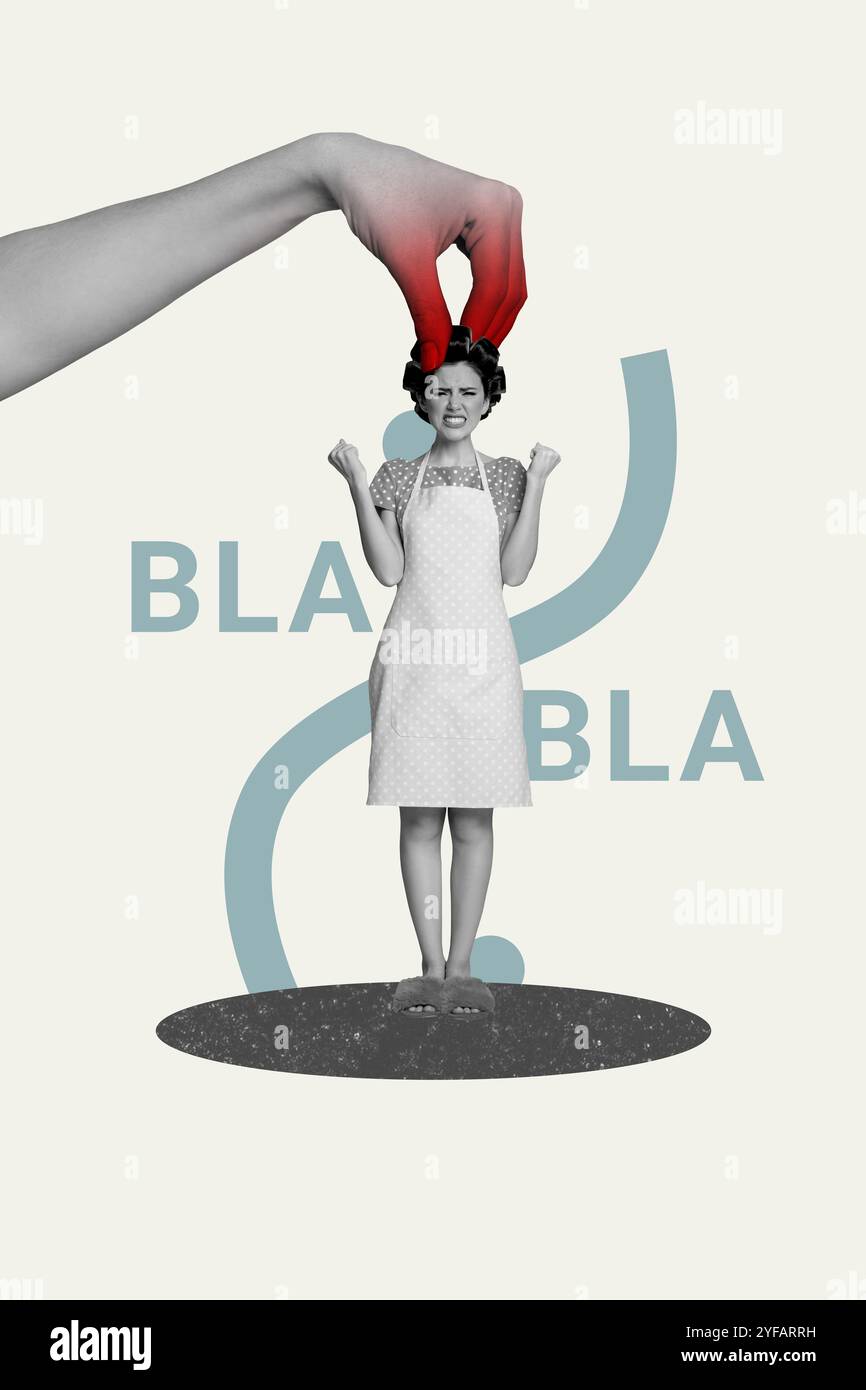 Vertical photo collage of angry housemaid show fist communication bla ...