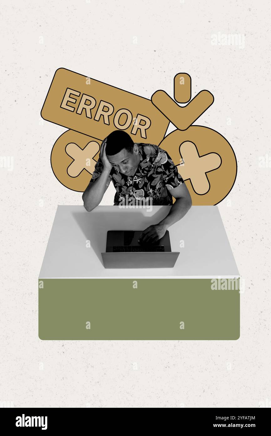 Vertical poster collage young man problem trouble computer work error ...