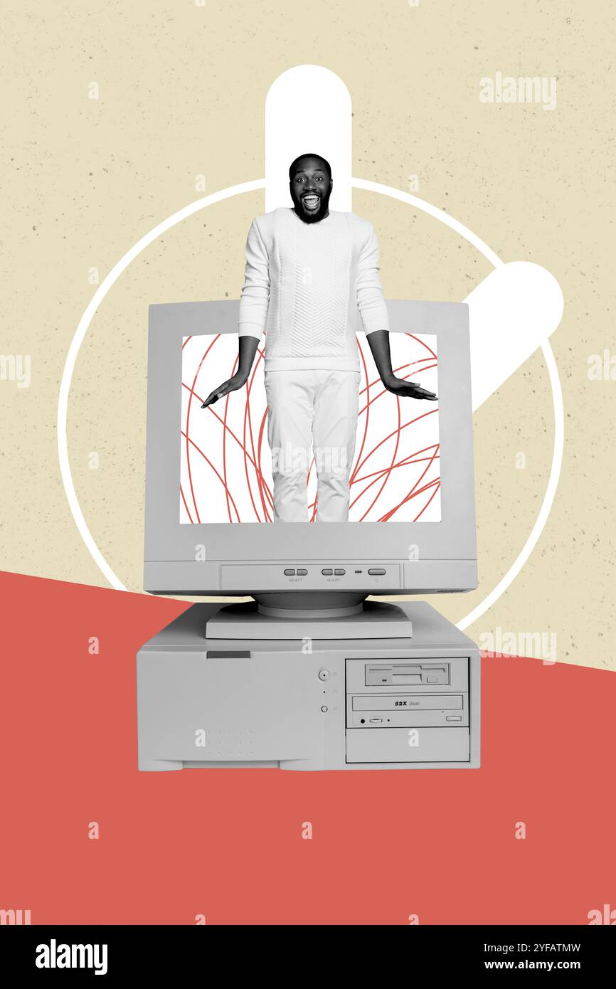 Vertical photo collage of happy american businessman peek computer ...