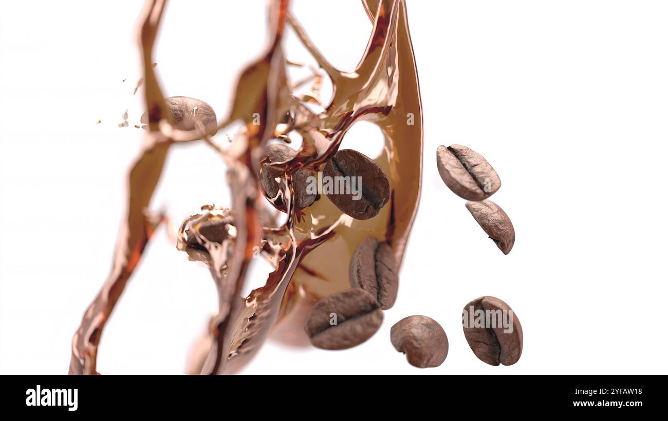 Coffee beans falling splash mockup, depth of field, 3d rendering. Empty ...