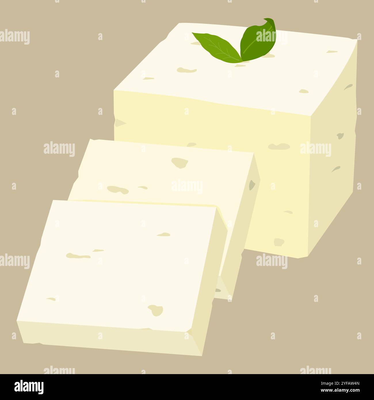 Feta cheese. Sliced white Greek cheese with green leaf on top, pieces ...