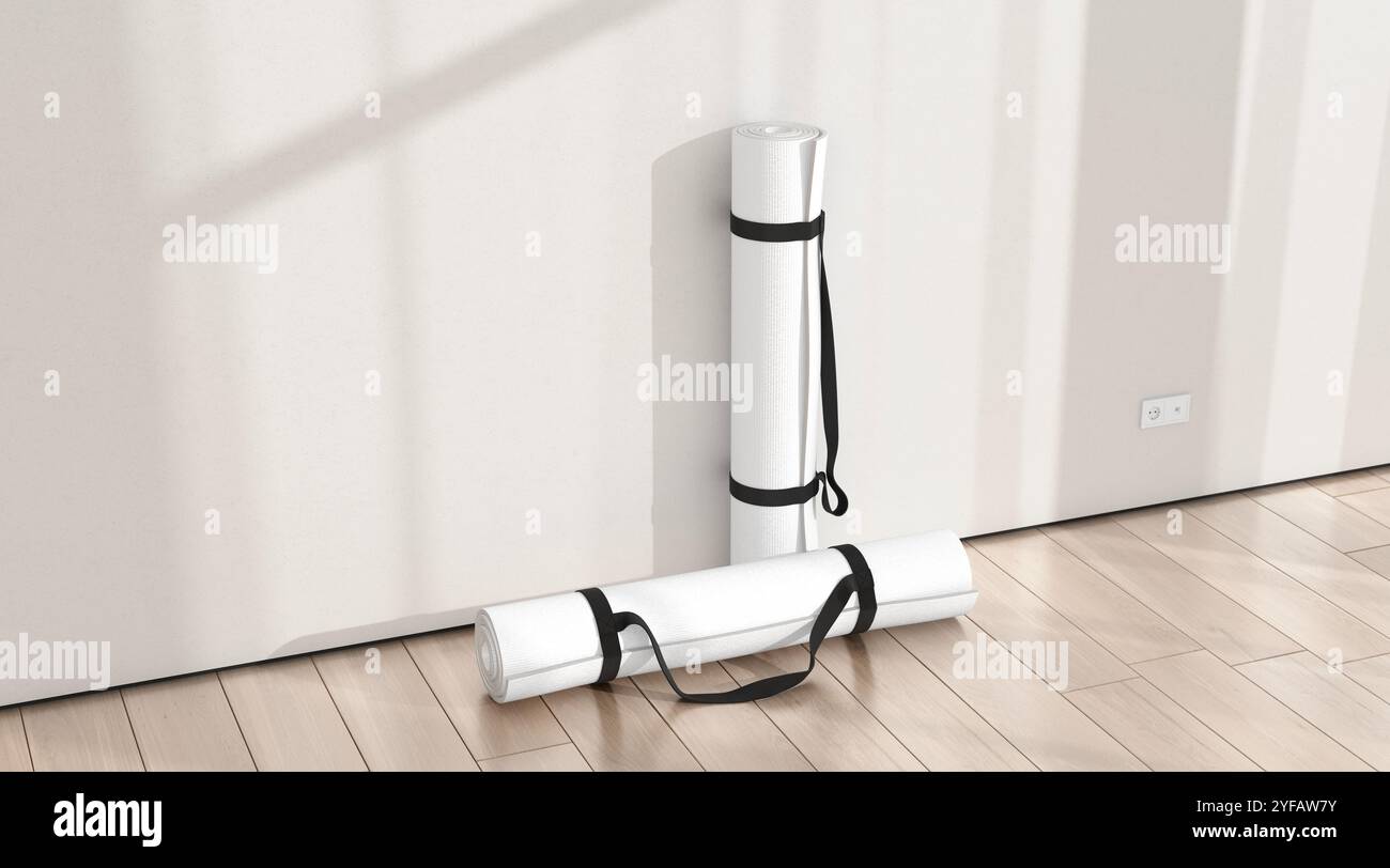 Blank white rolled yoga mat sport area shadow mockup, 3d rendering ...