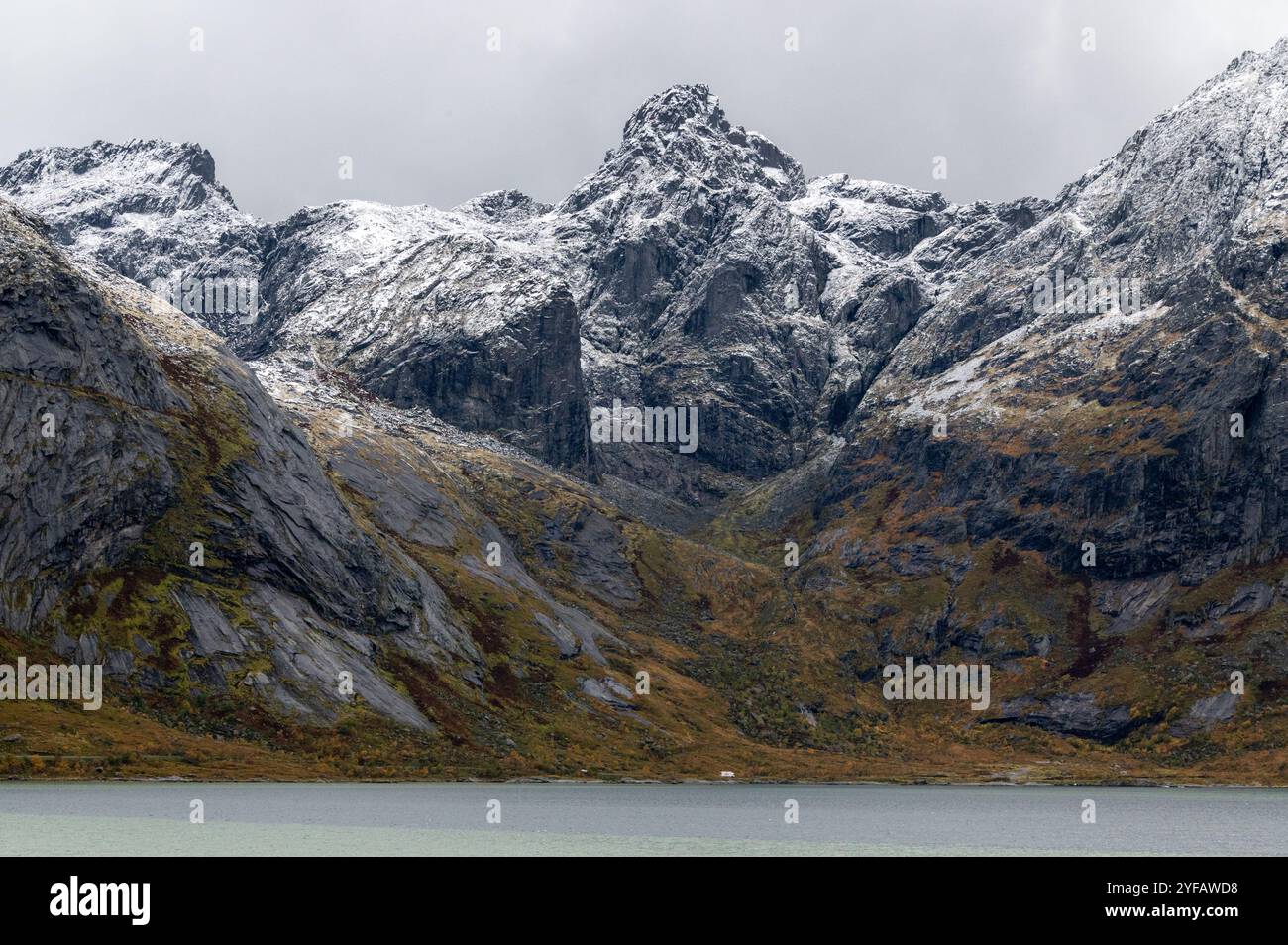 Snow-capped peaks in the Nordland region between Moskenes and Leknes on ...