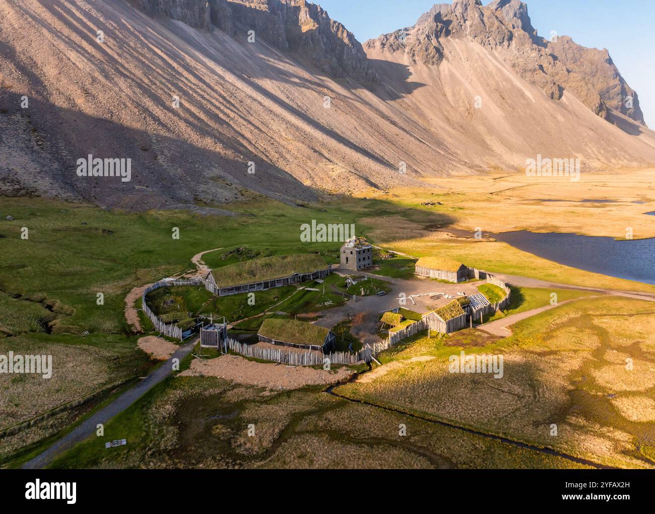 Viking Village in Iceland near Vestrahorn Mountain at Stokksnes ...