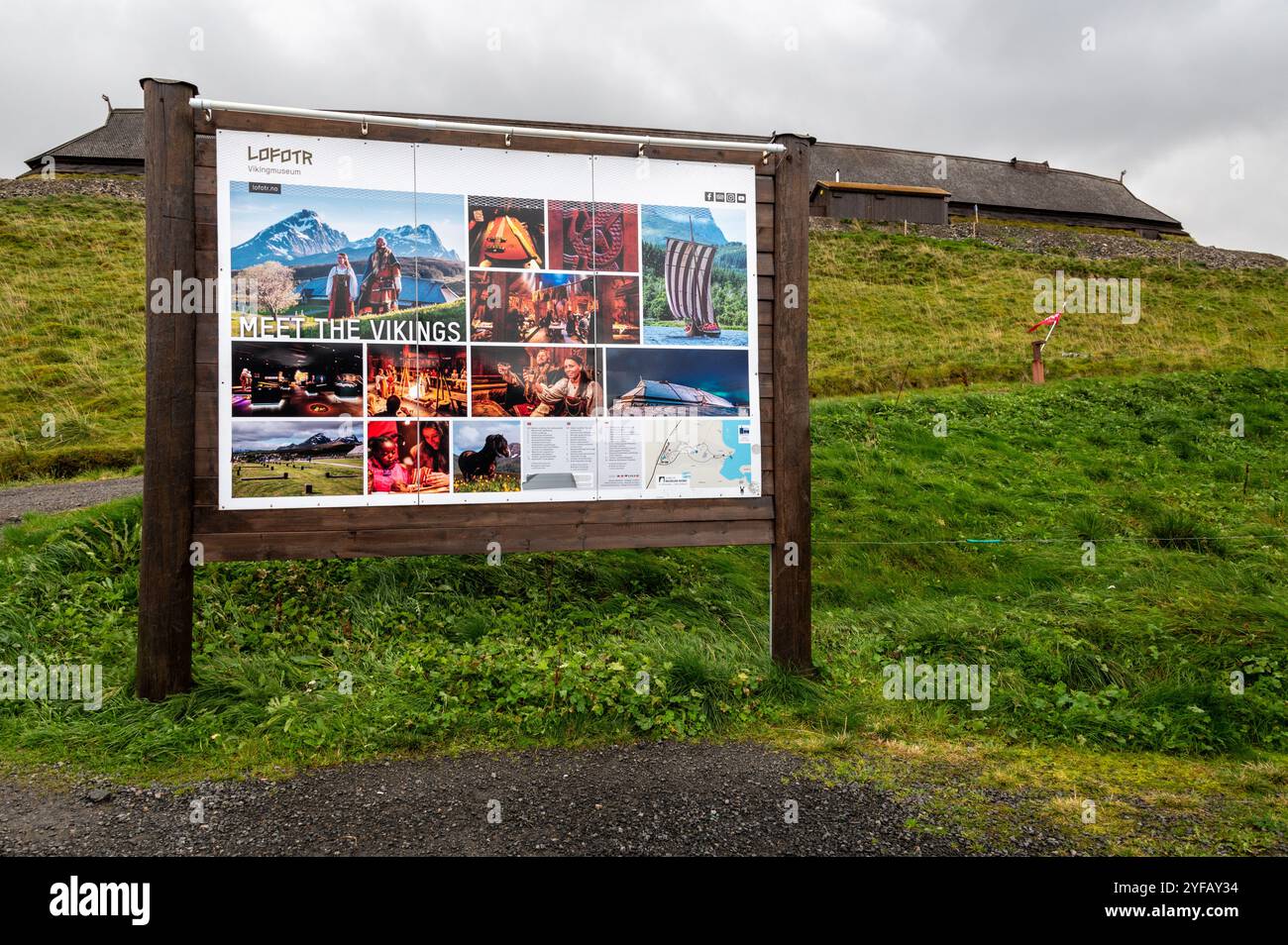 A large Visitor’s sign near the main visitor’s entrance to the Lofotr ...