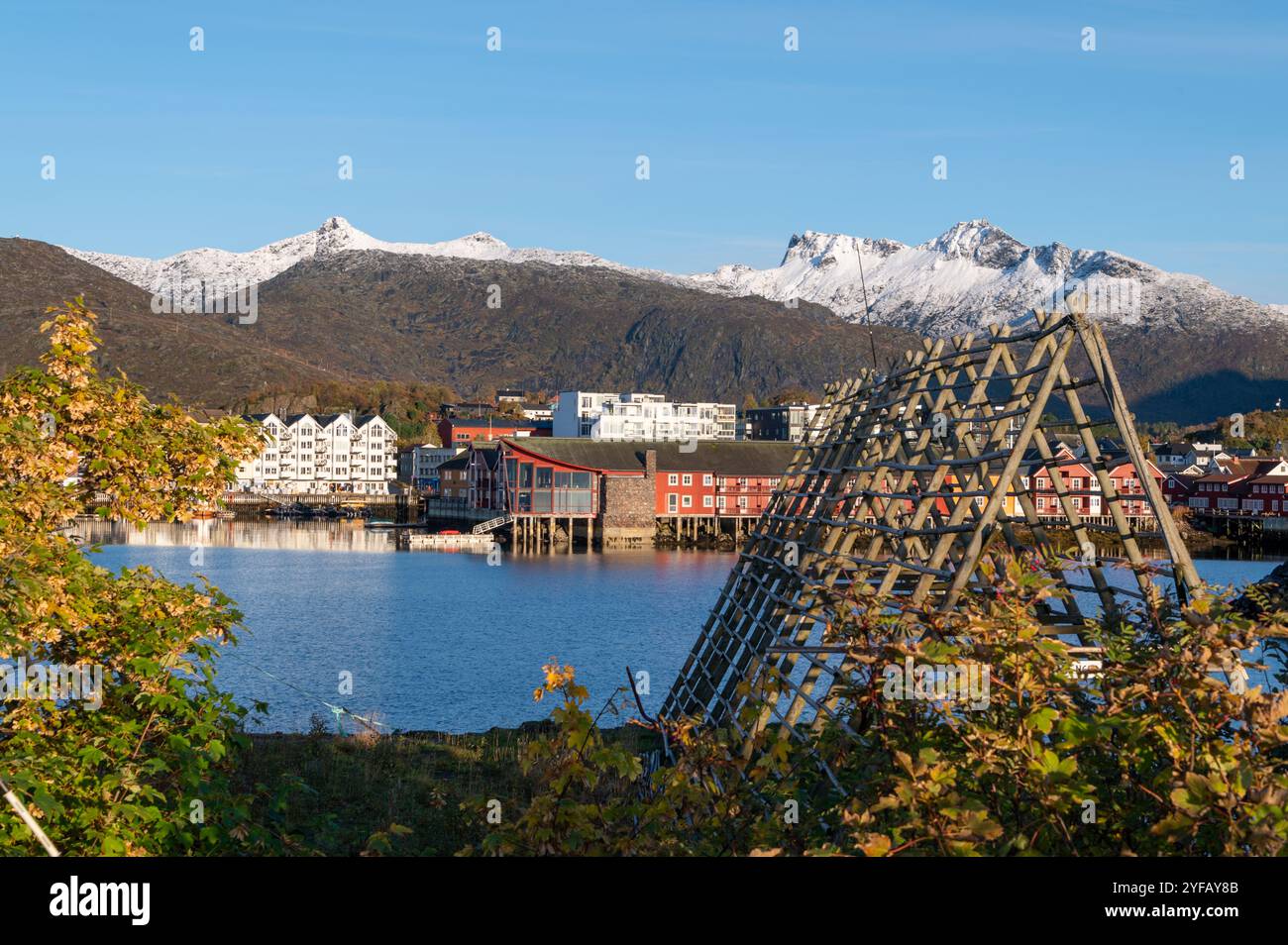 An autumn morning setting with a Norwegian wooden rack that is used for ...