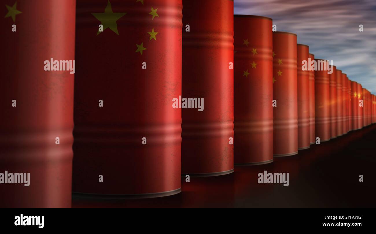 China oil crude petroleum fuel barrels in row concept. Chinese petrol ...