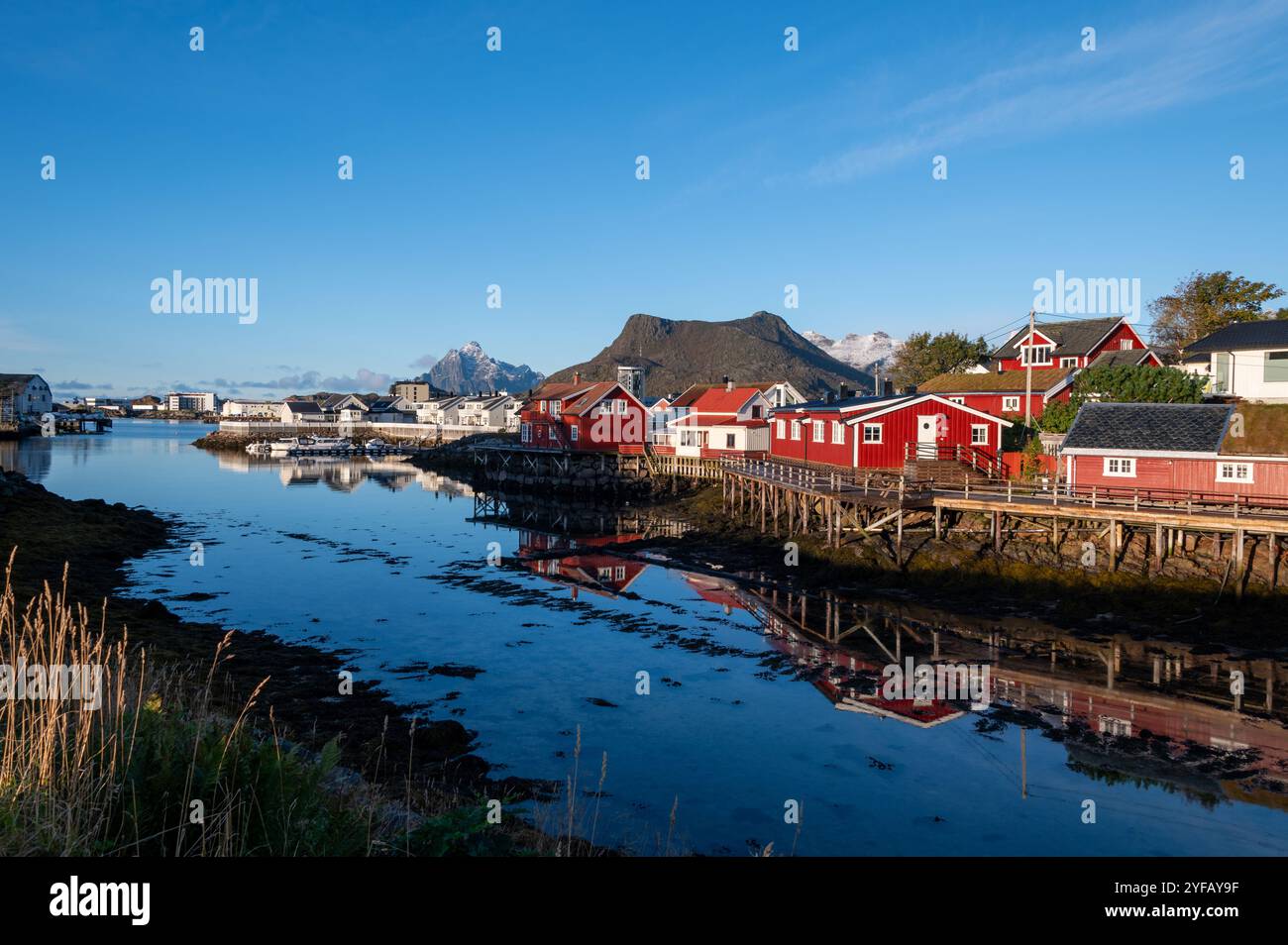 An autumn morning setting in the small fishing city of Svolvar on the ...