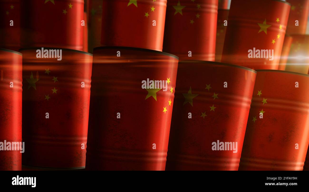 China oil crude petroleum fuel barrels in row concept. Chinese petrol ...