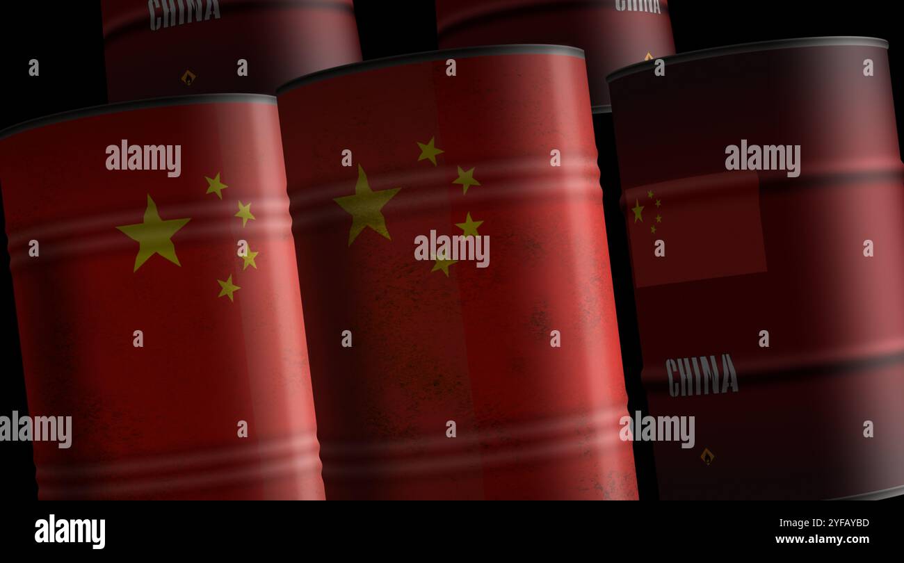 China oil crude petroleum fuel barrels in row concept. Chinese petrol ...