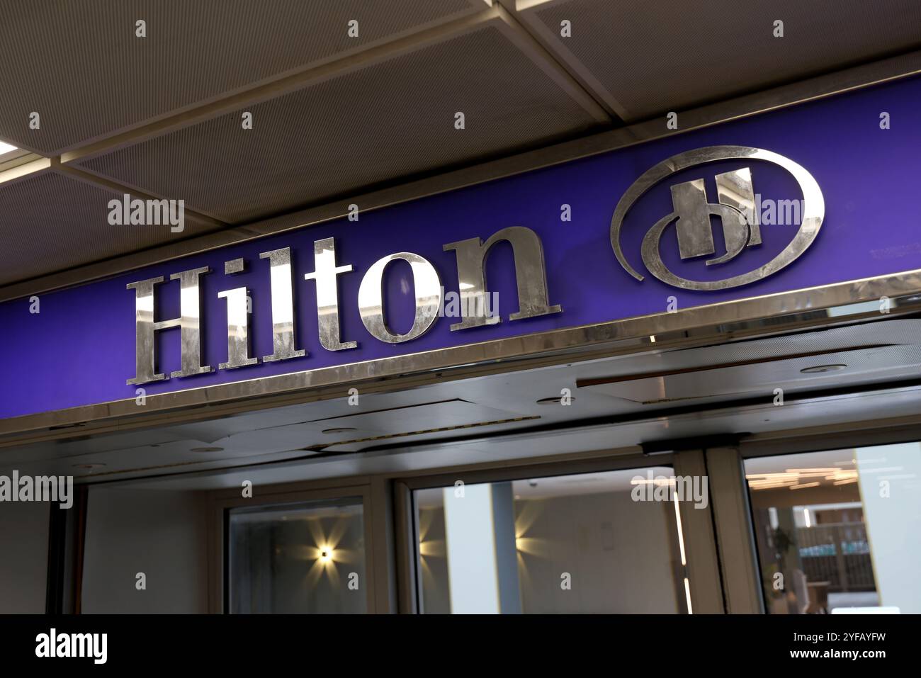 Hilton Hotel logo sign outside the Hilton Hotel in South Terminal ...