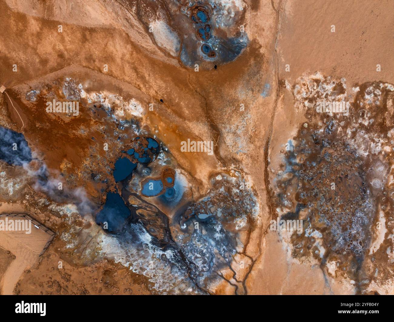 Aerial view of Hverir Geothermal Area in Iceland, capturing boiling mud ...