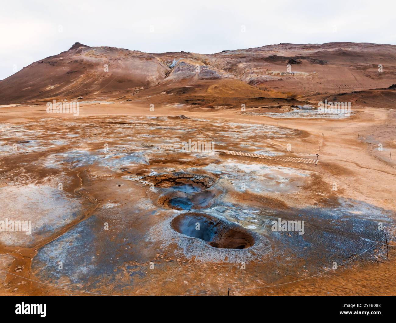 Aerial view of Hverir Geothermal Area in Iceland, capturing boiling mud ...