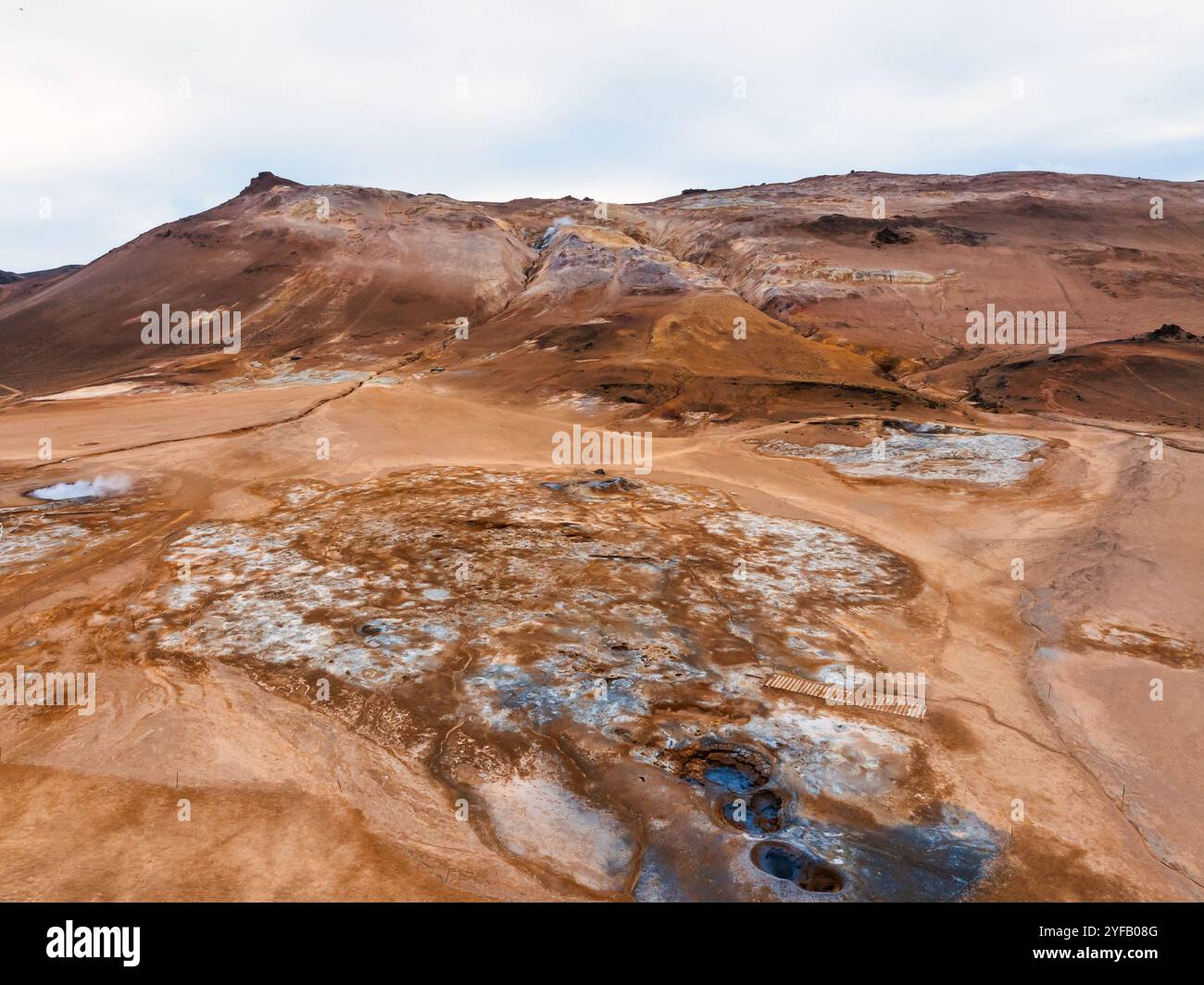 Aerial view of Hverir Geothermal Area in Iceland, capturing boiling mud ...