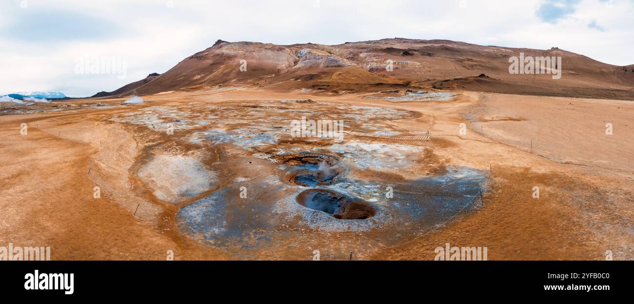 Aerial view of Hverir Geothermal Area in Iceland, capturing boiling mud ...